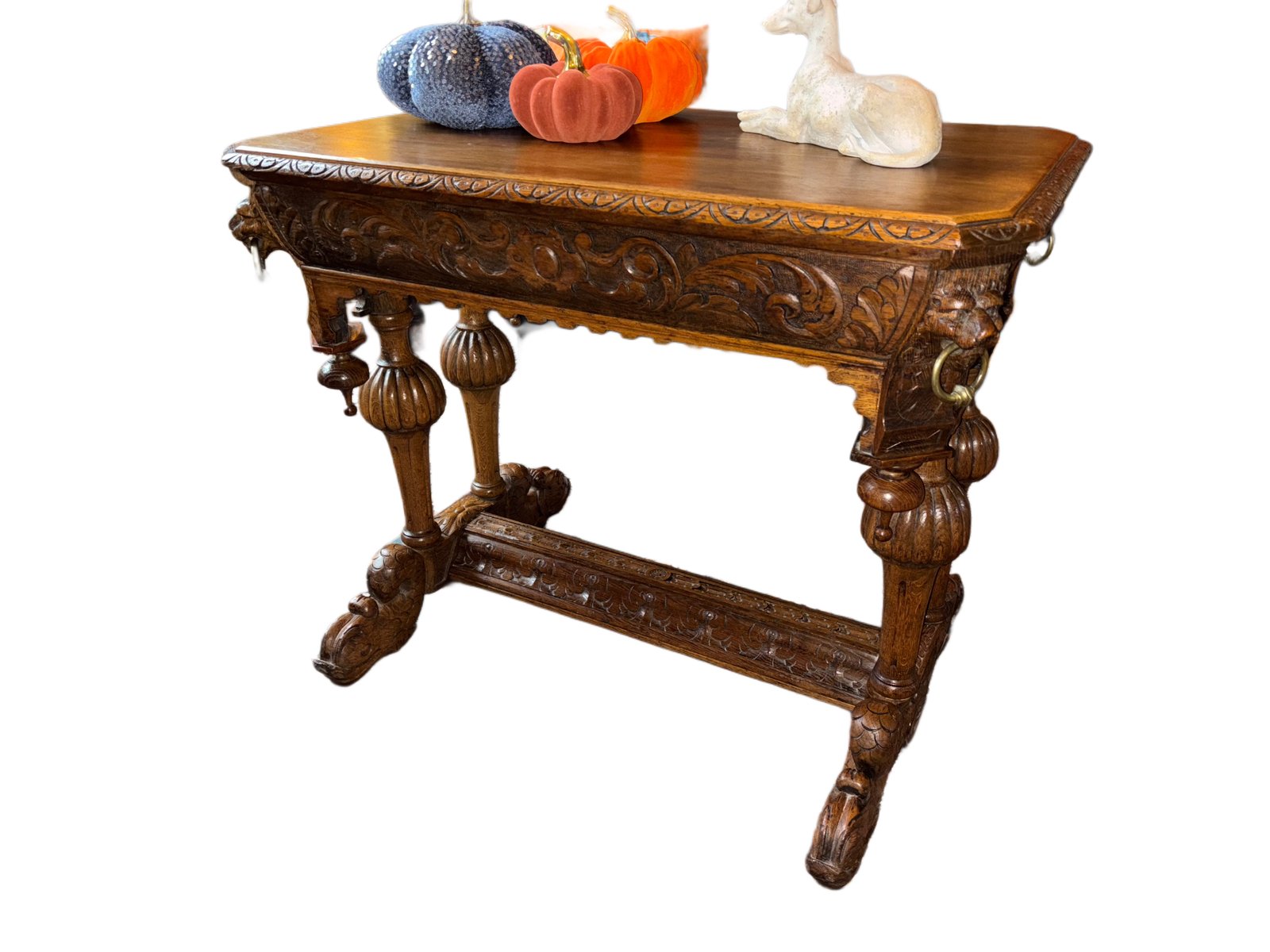 Carved Oak Dolphin and Lion Library Table for sale at Pamono