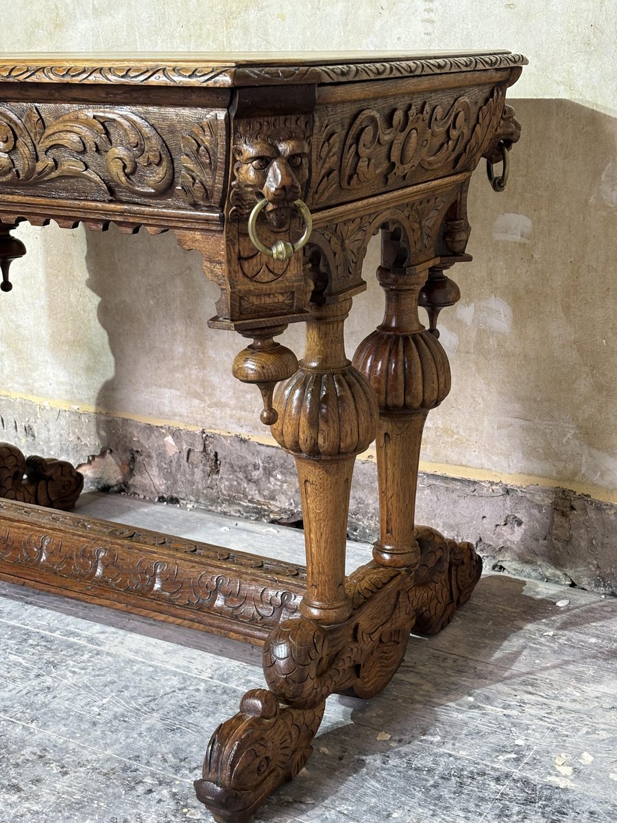Carved Oak Dolphin and Lion Library Table for sale at Pamono