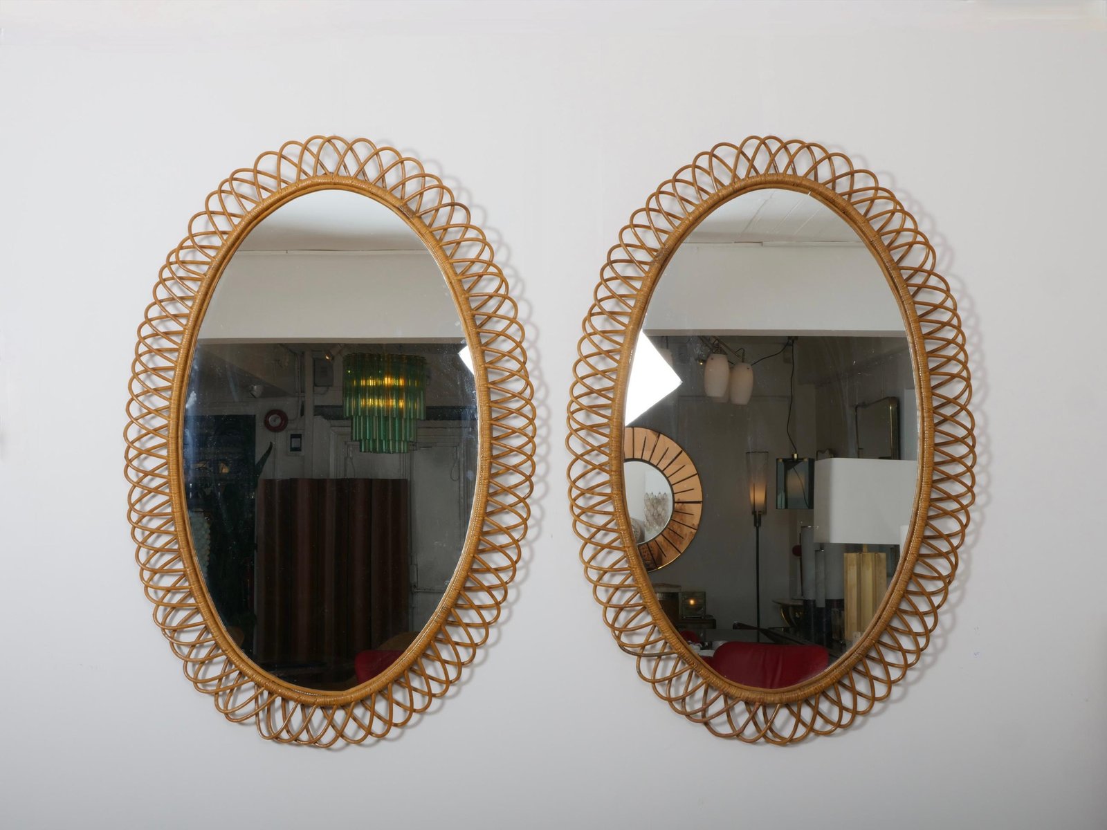 Large Rattan / Bamboo Wall Mirror, 1960s for sale at Pamono