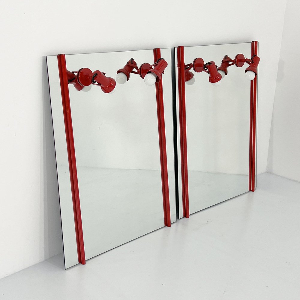 Red Vanity Mirror in Metal with Adjustable Lamps, 1970s for sale at Pamono