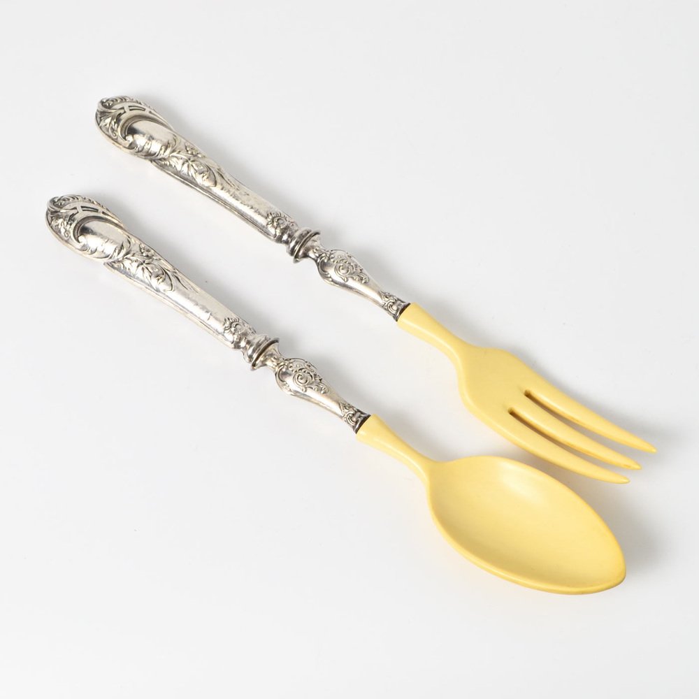 Antique Silver and Faux Ivory Salad Serving Set, 1890s, Set of 2 for ...