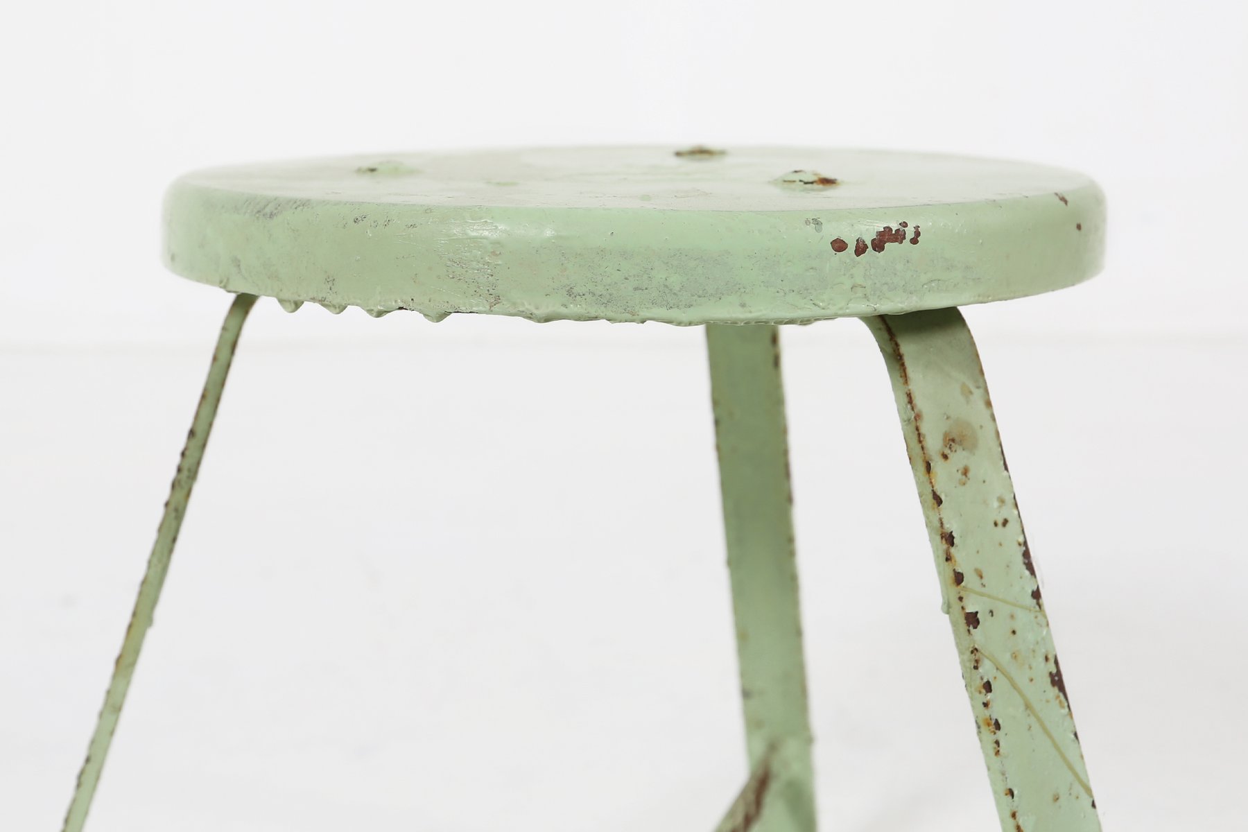 Industrial Green Painted Stool with Steel Base and Wooden Top, 1930s ...