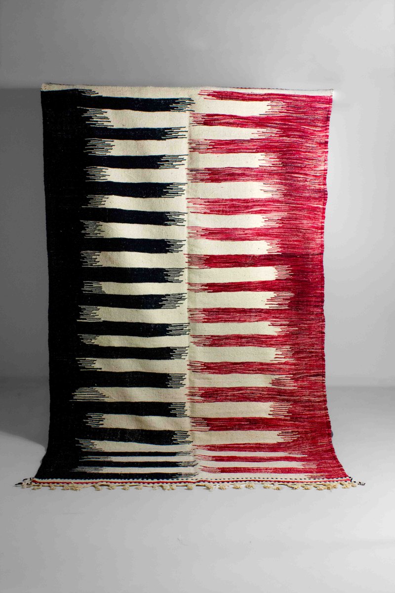 Vintage Folk Art Wool Berber Rug with Zig Zag Pattern in Black and Red ...