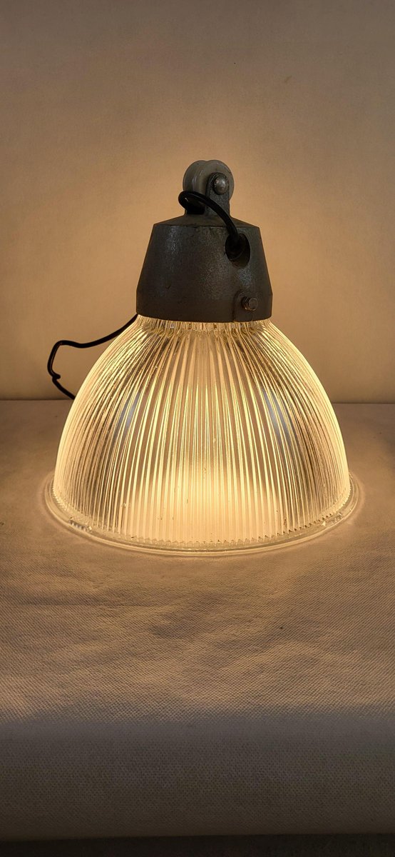 Industrial Holophane Glass Pendant Light, 1950s for sale at Pamono
