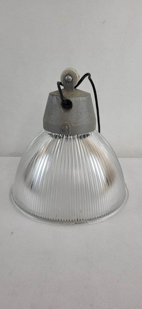 Industrial Holophane Glass Pendant Light, 1950s for sale at Pamono