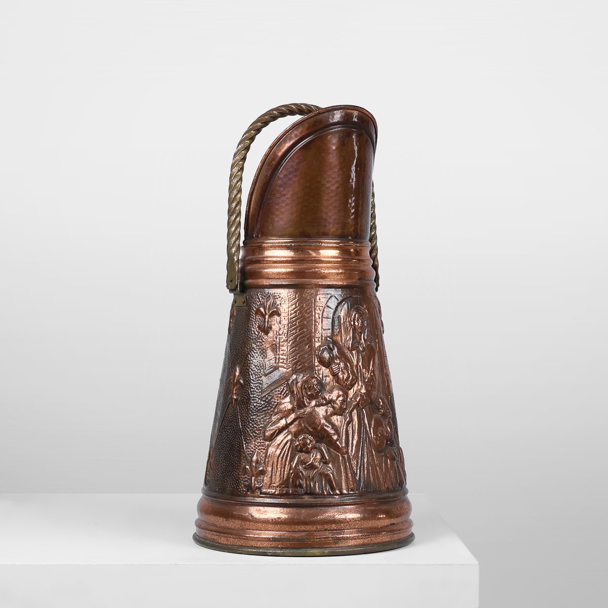 Copper Umbrella Stand with Hammered Relief of Religious Scene, France ...