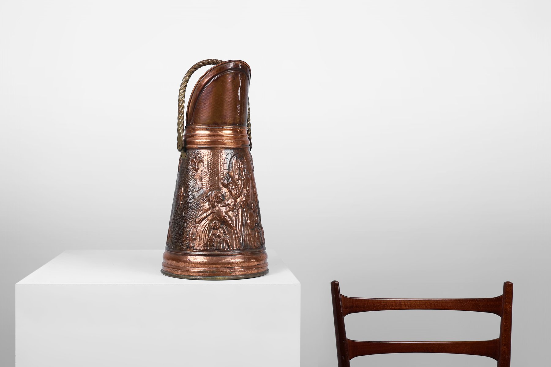Copper Umbrella Stand with Hammered Relief of Religious Scene, France ...