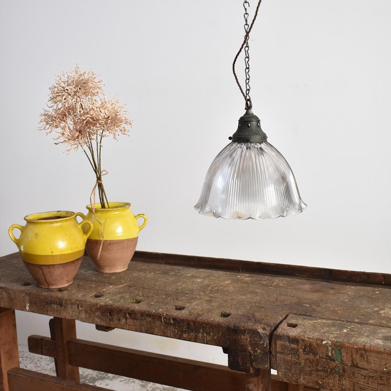Large Vintage Glass Holophane Frill Pendant Light, 1950s for sale at Pamono