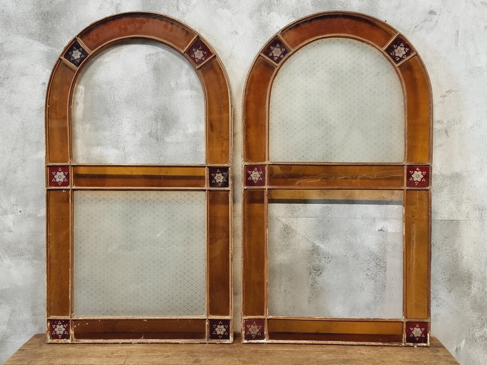 Iron Window Frames Stained Glass, 1890s, Set of 2 for sale at Pamono