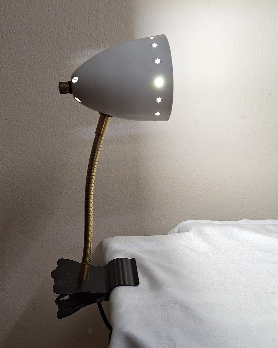 Mid-Century Black Metal Desk Clamp Lamp with Brass Flex Arm and Gray ...
