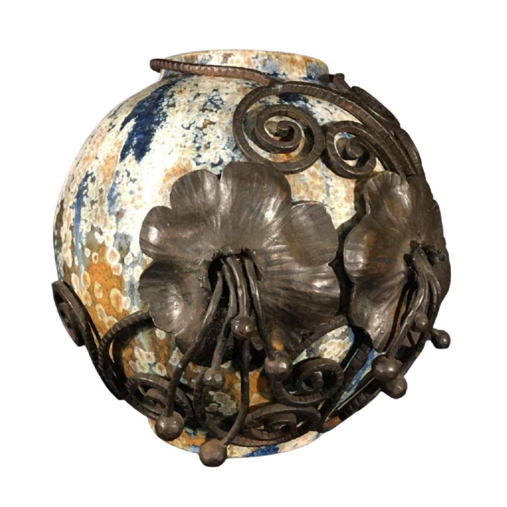 Art Deco Ball Vase in Stoneware and Wrought Iron by Roger Guérin ...