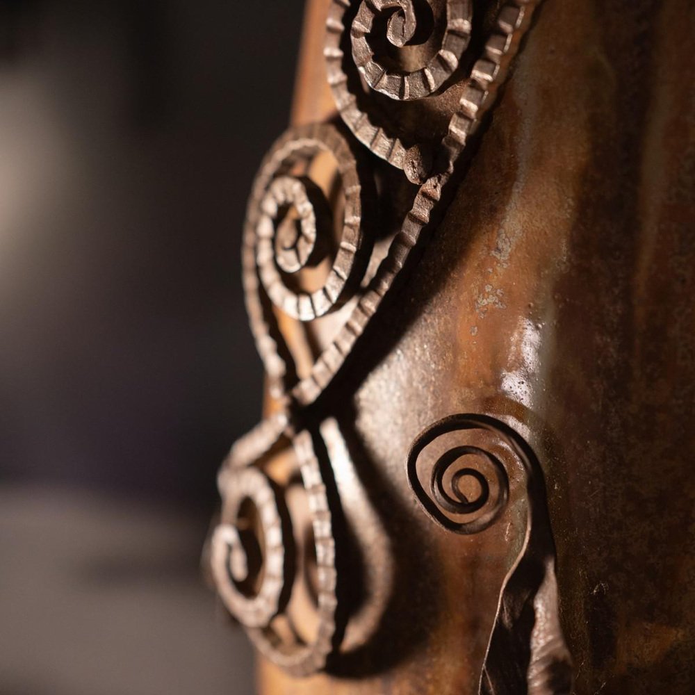 Art Deco Salted Stoneware Shell Vase with Wrought Iron Frame by Roger ...