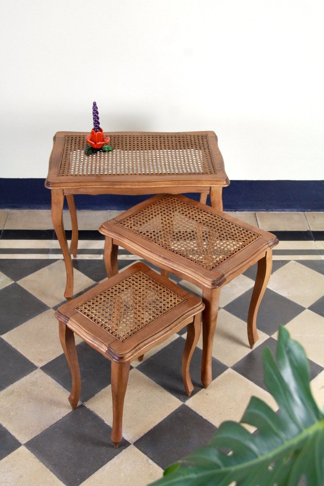 Mid-Century Nesting Tables with Viennese Straw, Italy, 1960s, Set of 3 ...