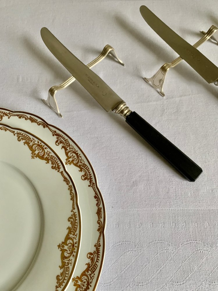 French Art Deco Silver-Plated Box with Knife Rests, 1935, Set of 13 for ...