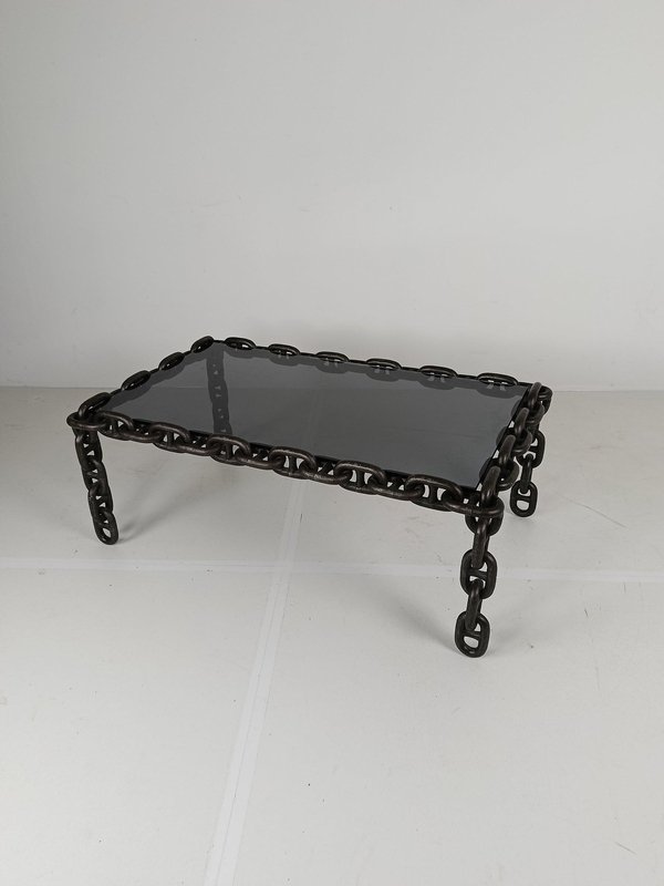 Vintage Brutalist Black Iron Chain Link Coffee Table with Smoked Glass ...