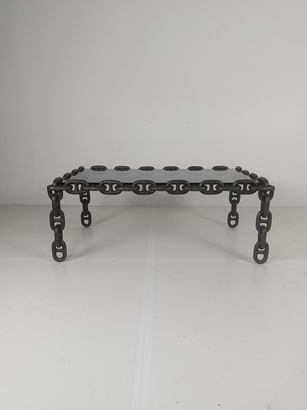 Vintage Brutalist Black Iron Chain Link Coffee Table with Smoked Glass ...