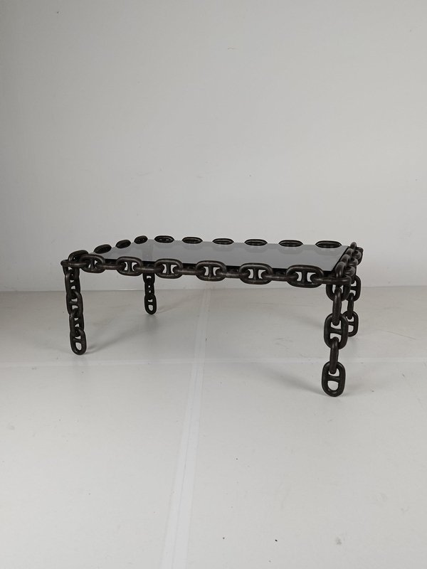 Vintage Brutalist Black Iron Chain Link Coffee Table with Smoked Glass ...