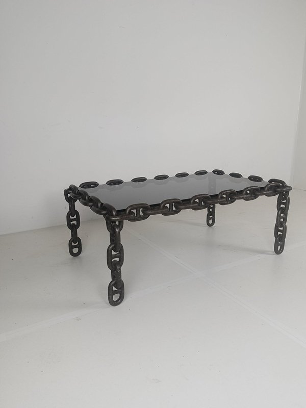 Vintage Brutalist Black Iron Chain Link Coffee Table with Smoked Glass ...
