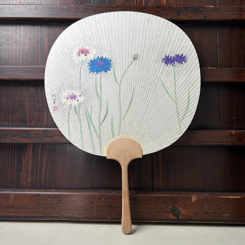 Japanese Uchiwa Hand Fan with Cornflowers, 1970s for sale at Pamono