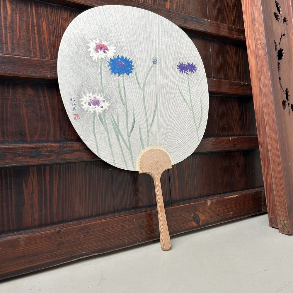 Japanese Uchiwa Hand Fan with Cornflowers, 1970s for sale at Pamono