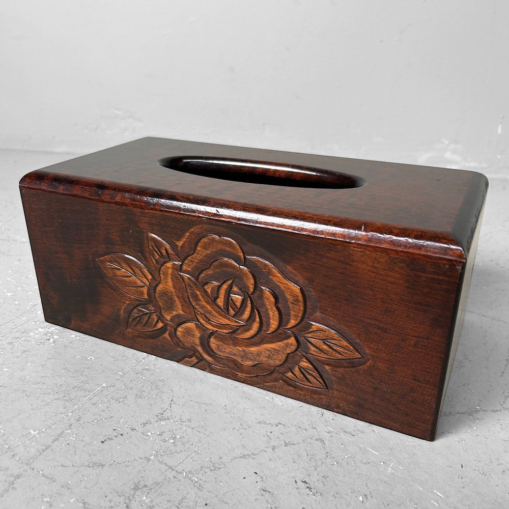 Vintage Japanese Wooden Tissue Holder with Carved Floral Pattern, 1970s ...