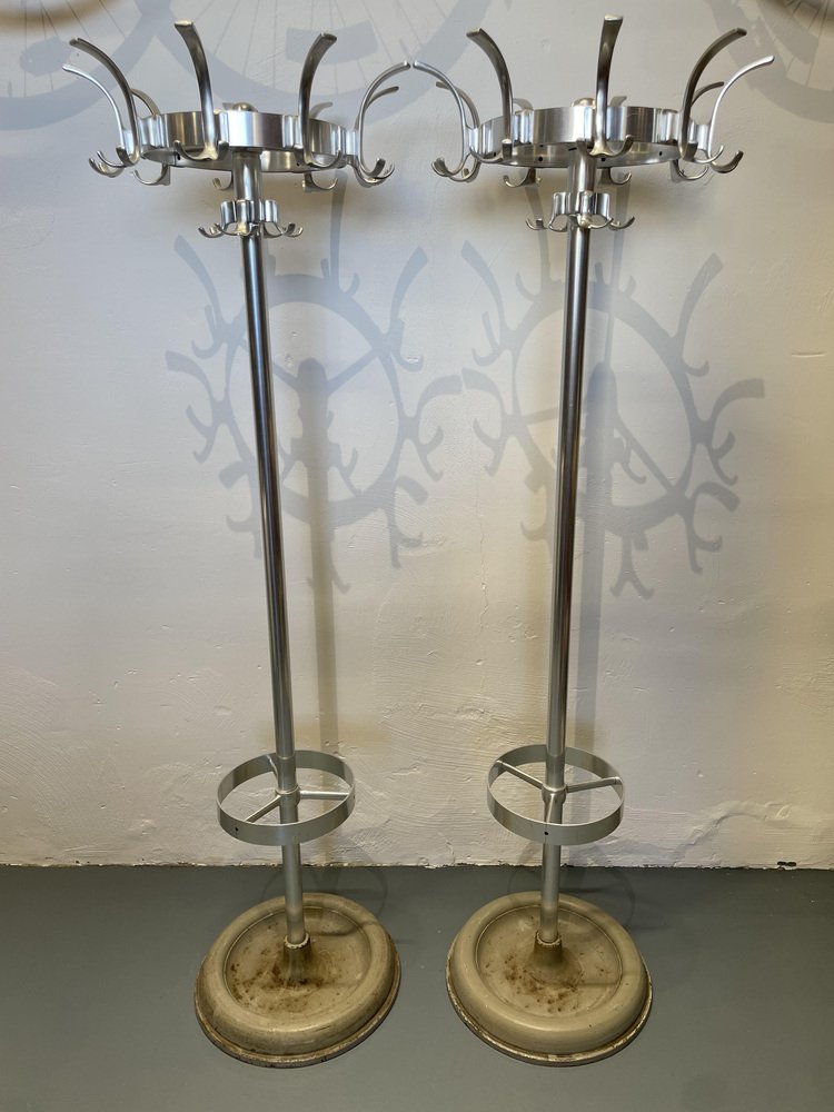 Mid Century Aluminum Coat Racks With Heavy Iron Bases 1960s Set Of 2