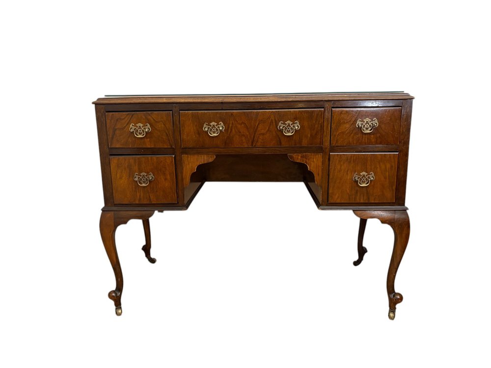 Antique Writing Desk with Leather Inlay and Cabriole Legs on Castor ...