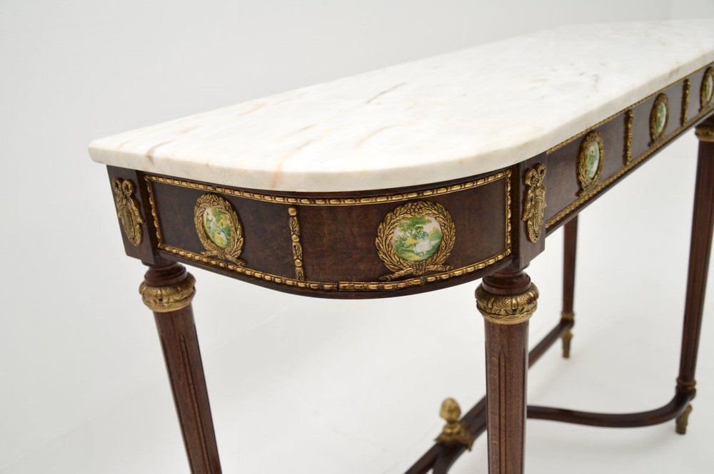 French Marble Top & Walnut Console Table, 1930s for sale at Pamono