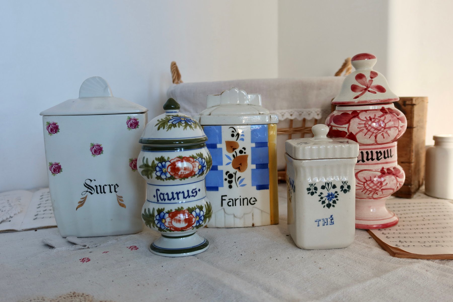 Vintage Cottage Core Porcelain and Earthenware Spice Jars, 1950s, Set ...