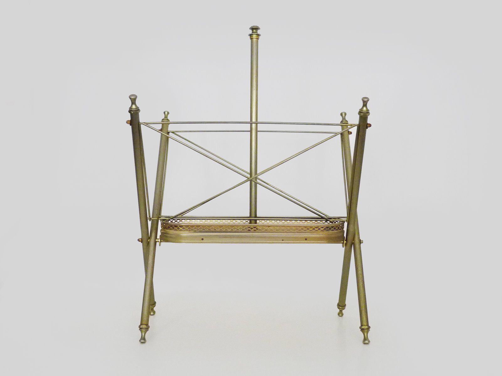 Neoclassical Baroque Folding Magazine Rack in Gold Metal, 1950s for sale at Pamono
