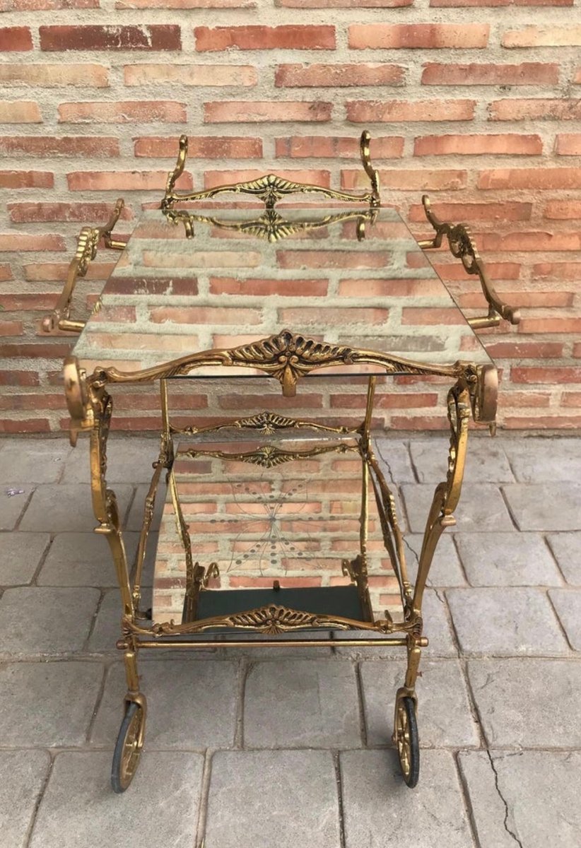 Baroque Style Two-Tier Bar Cart in Brass, 1950s for sale at Pamono