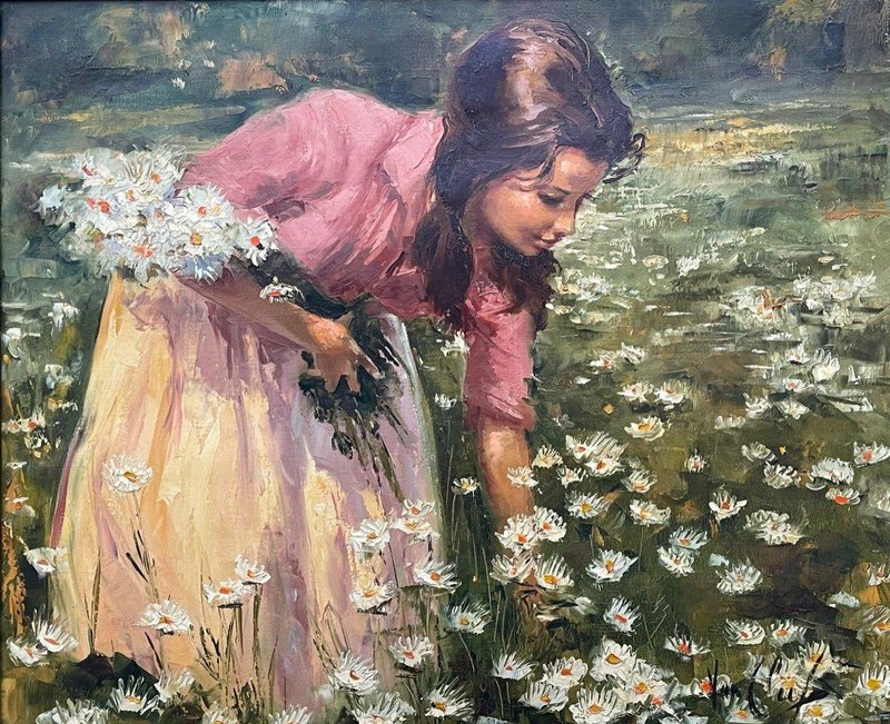 Robert Van Cleef, Young Girl Collecting Daisies, Oil Painting for sale ...