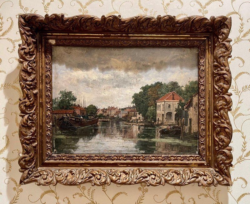 Émile Vernier, A Canal in Dordrecht, Oil on Panel for sale at Pamono