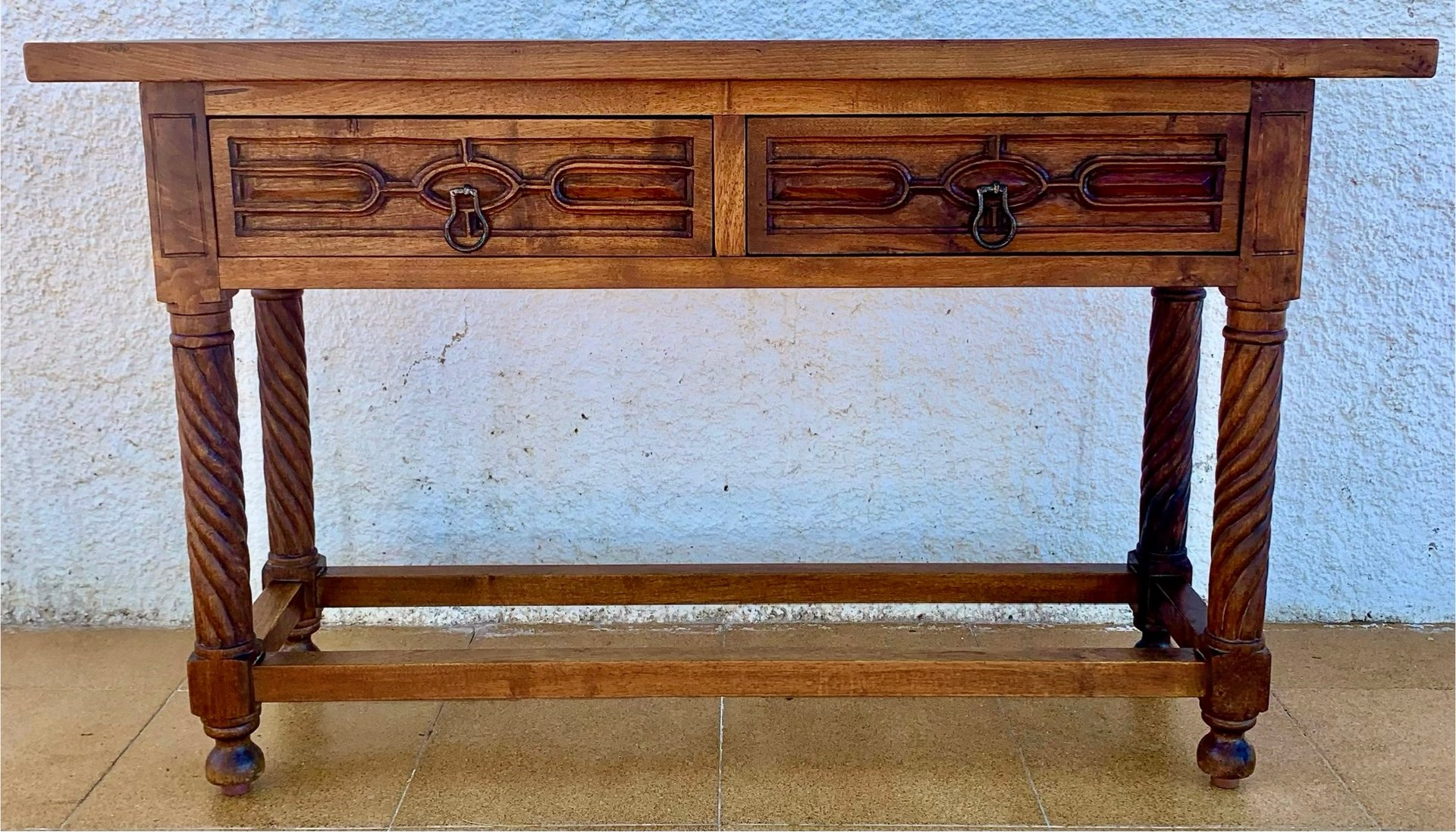 Vintage Carved Walnut Console Table with Solomonic Legs and Two Drawers ...