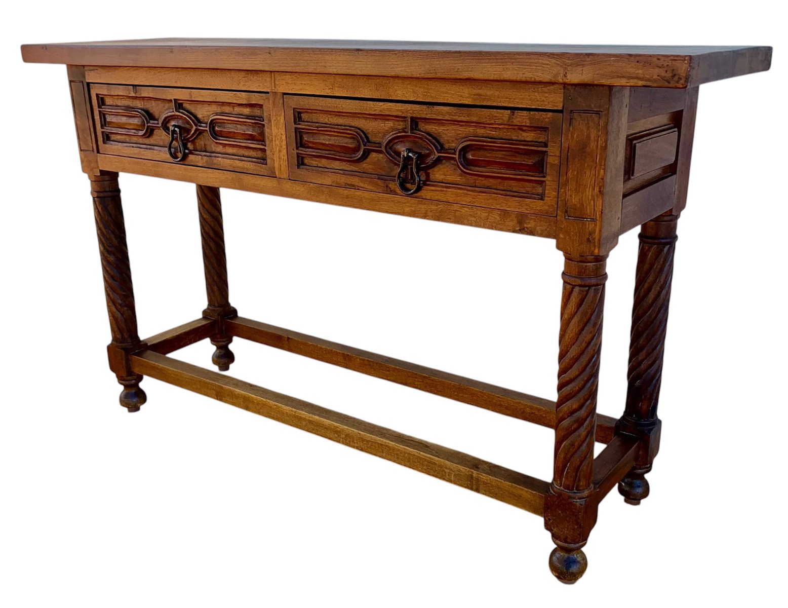 Vintage Carved Walnut Console Table with Solomonic Legs and Two Drawers ...