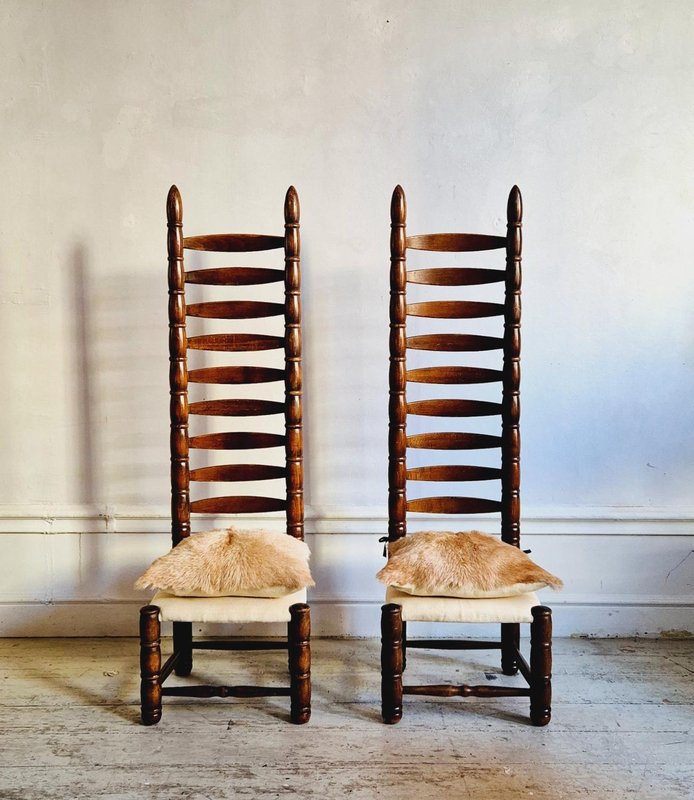 Set of Spanish High Back Ladder Chairs with Goatskin and Linen Seats ...