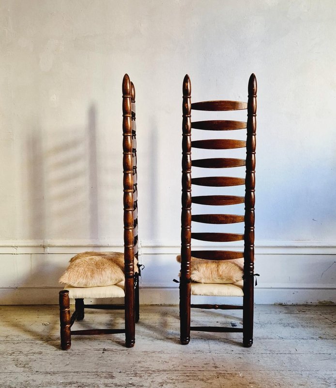 Set of Spanish High Back Ladder Chairs with Goatskin and Linen Seats ...