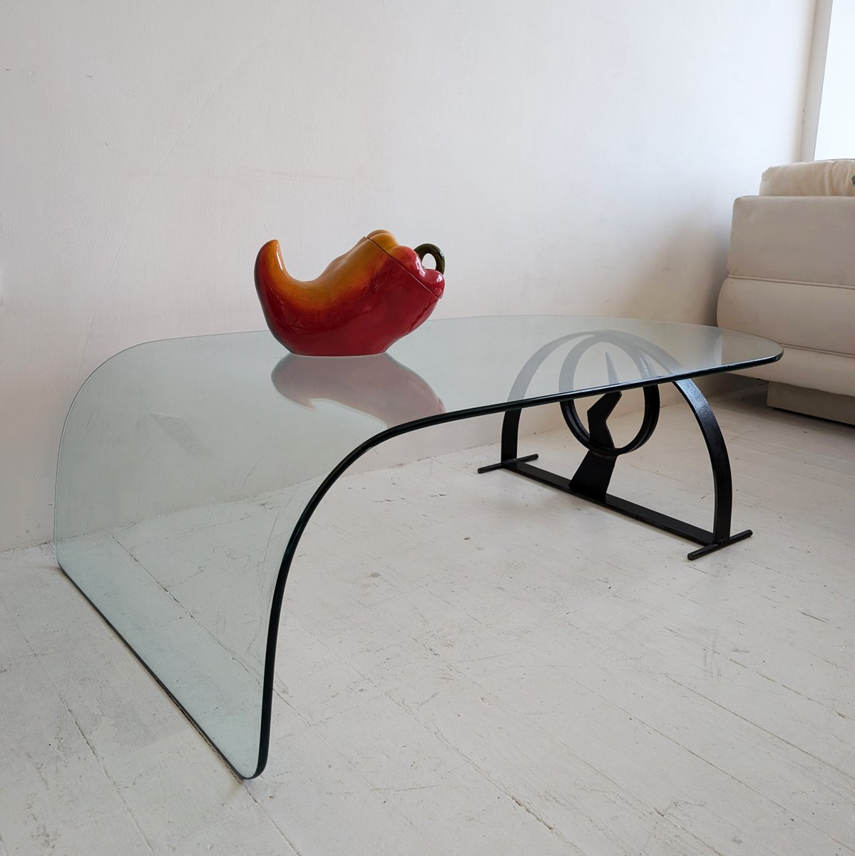 Large Vintage Postmodern Glass Coffee Table with Lightning Bolt Base ...