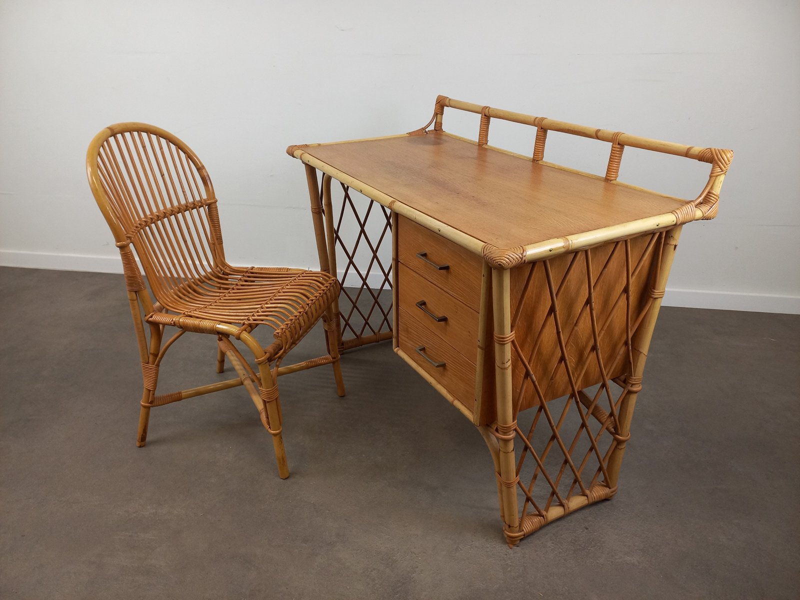 Rattan Desk and Chair, 1950s, Set of 2 for sale at Pamono
