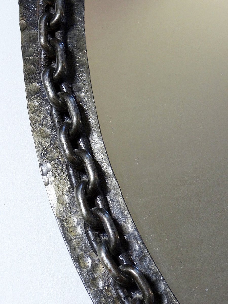 Vintage Oval Wall Mirror in Wrought Iron with Beaten Brutalist Chain ...