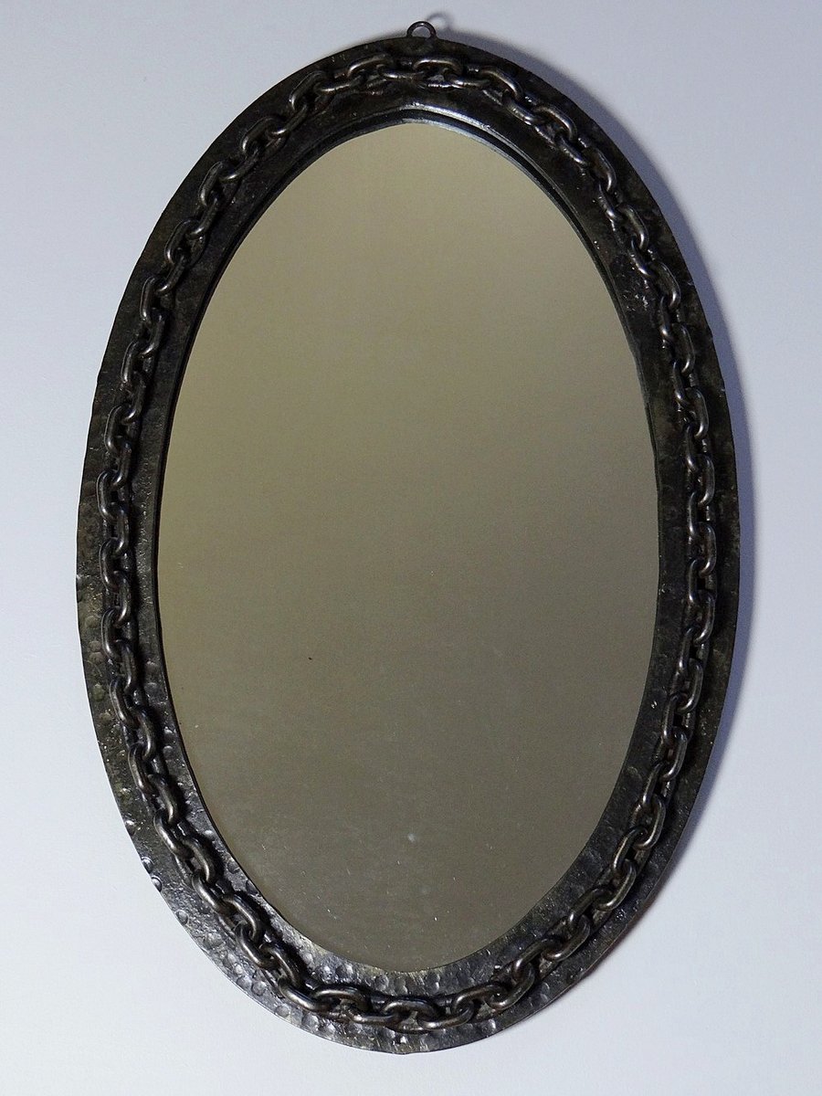 Vintage Oval Wall Mirror in Wrought Iron with Beaten Brutalist Chain ...