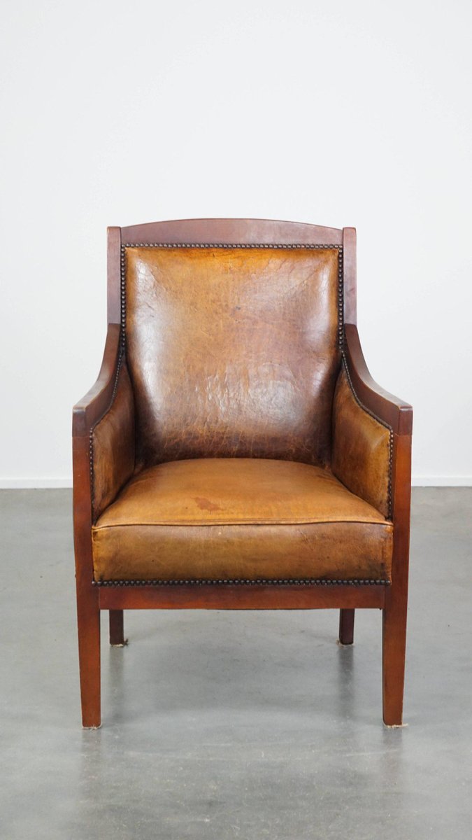 Art Deco Slender Leather and Wooden Armchair in Warm Cognac Color for ...