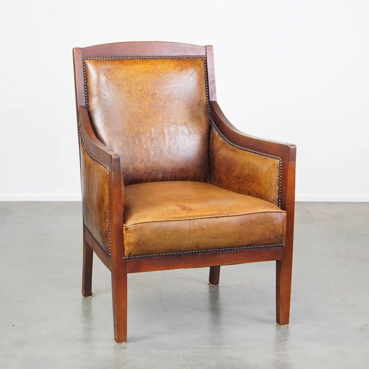 Art Deco Slender Leather and Wooden Armchair in Warm Cognac Color for ...