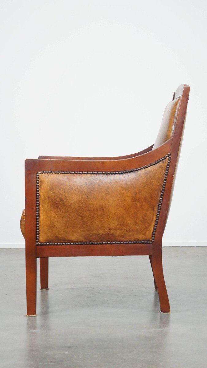 Art Deco Slender Leather and Wooden Armchair in Warm Cognac Color for ...