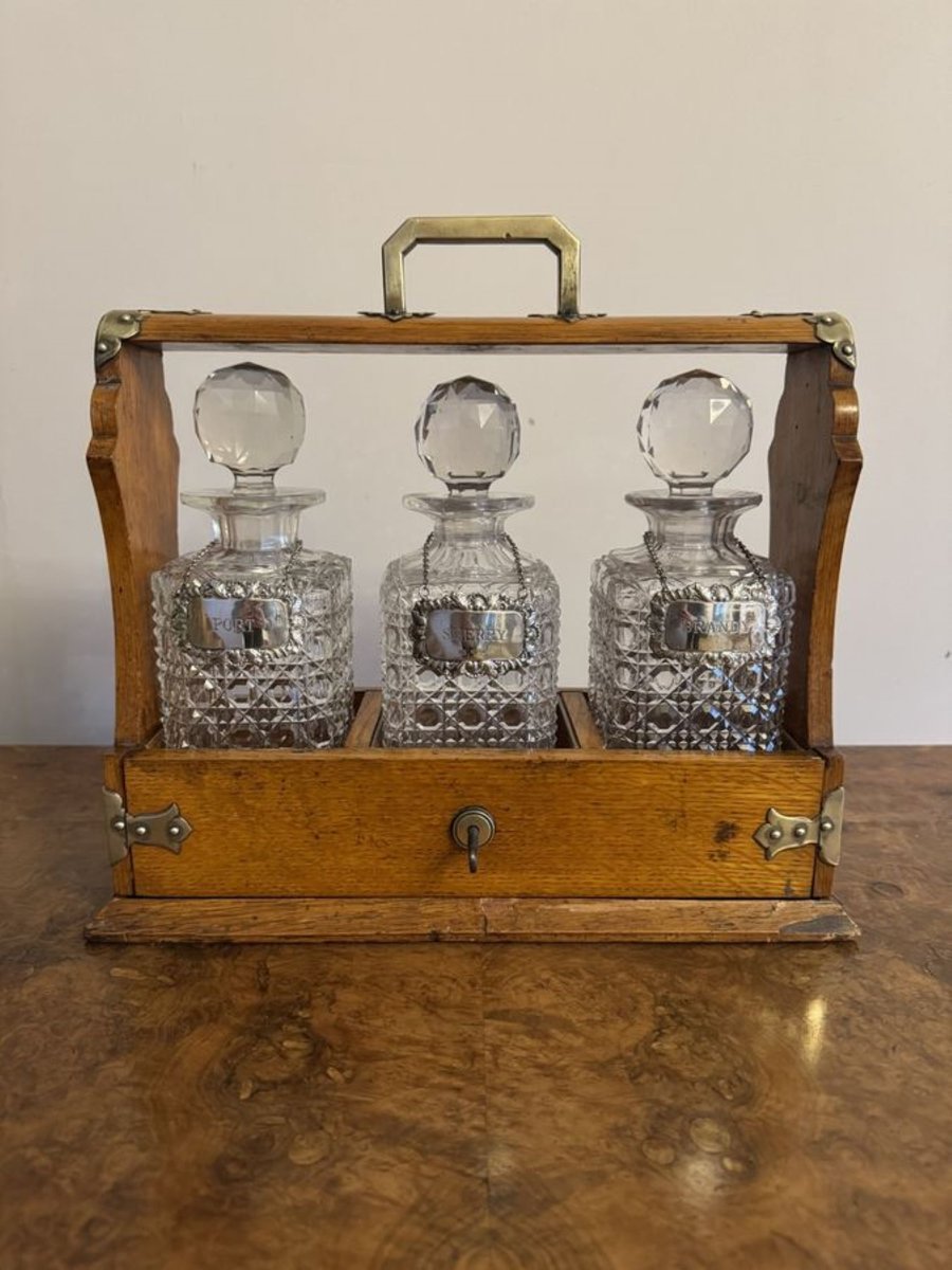 Antique Edwardian Oak Tantalus, 1900s, Set of 4 for sale at Pamono
