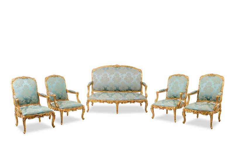 Louis XV Style Living Room with Gilded Wood Frames, 1880s, Set of 5 for ...