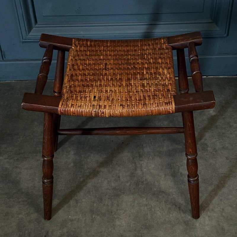 Turned Wood and Wicker Stool for sale at Pamono