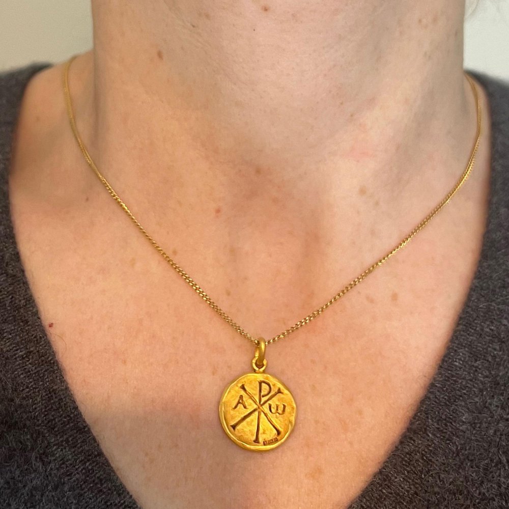 French Chi Rho Jesus Christ Alpha Omega 18k Yellow Gold Medal Pendant ...