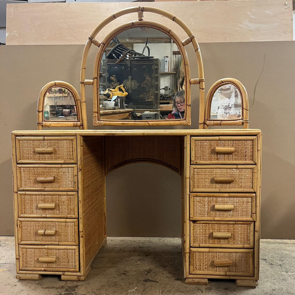 Knee Hole Cane and Bamboo Dressing Table with Surround Attached Mirrors ...