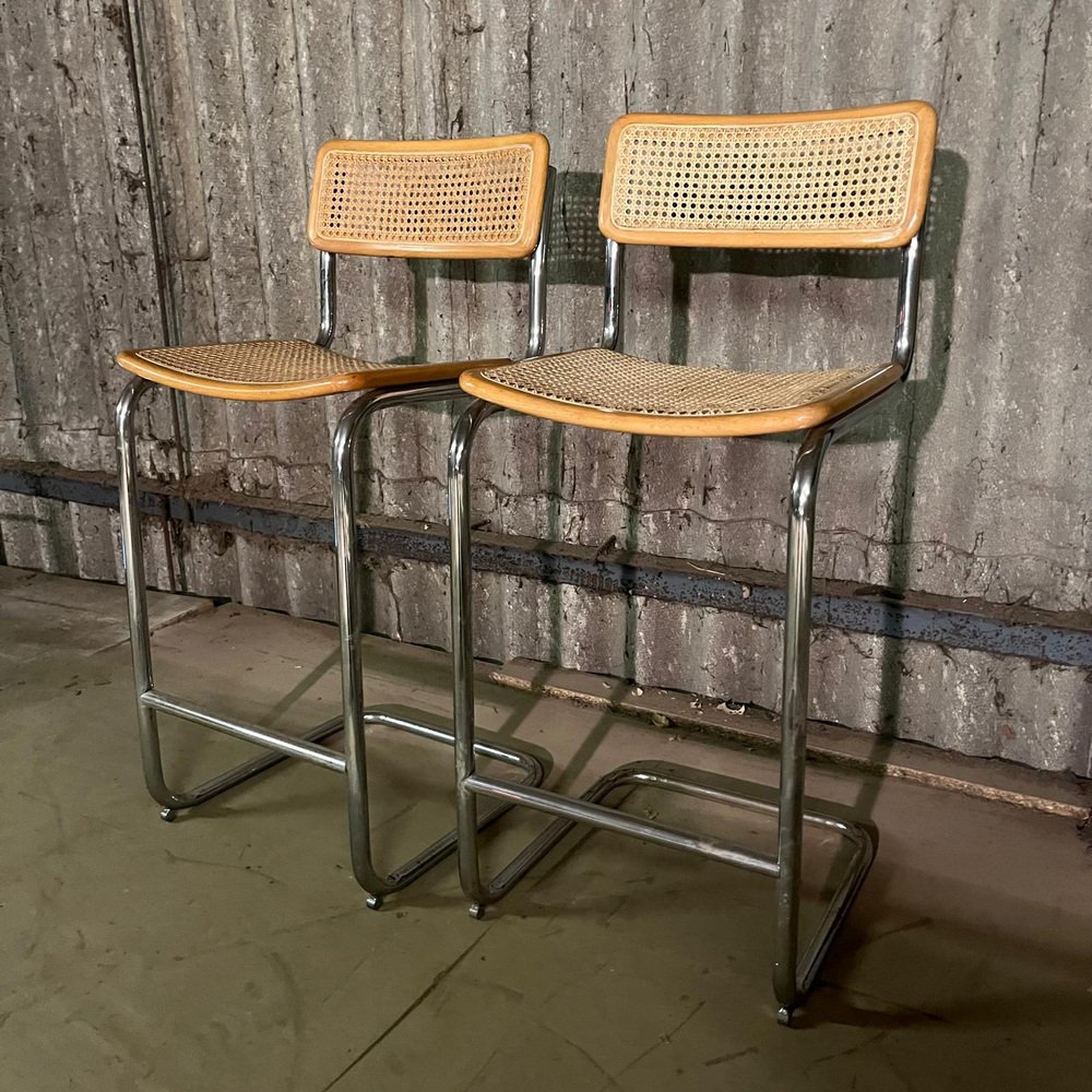 Set of Chrome & Cane Bar Stools for sale at Pamono